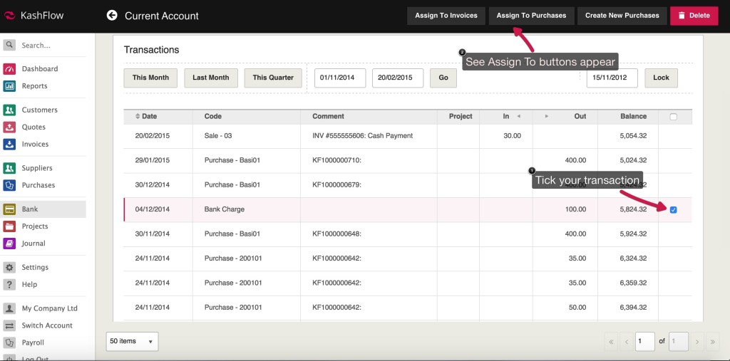 Transactions - Assigning to Invoices/Purchases - Knowledge Base - IRIS KashFlow