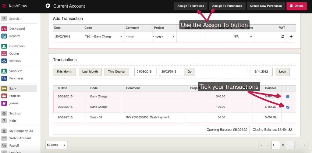Transactions - Assigning to Invoices/Purchases - Knowledge Base - IRIS KashFlow