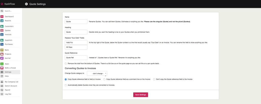 Quote Settings - Knowledge Base - IRIS KashFlow