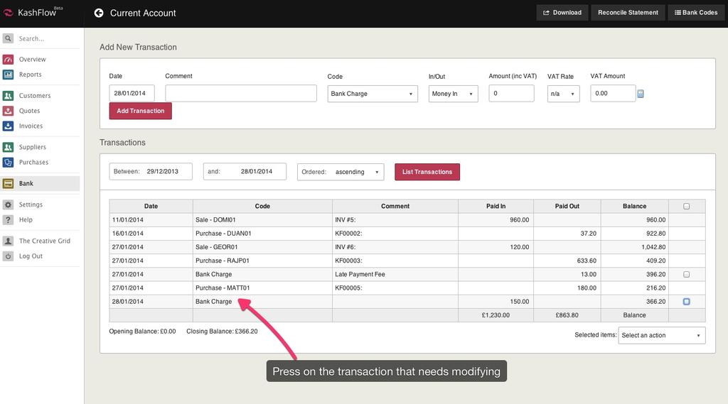Transactions - Modifying a Transaction - KashFlow